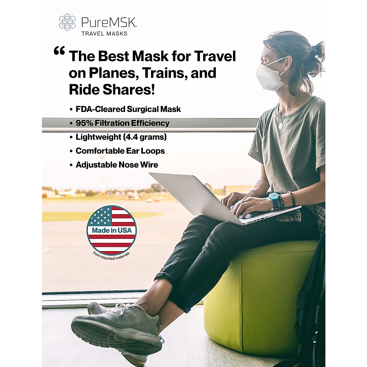 PureMSK Breathable Face Mask for Travel. Proprietary Filter Technology - Made in USA.