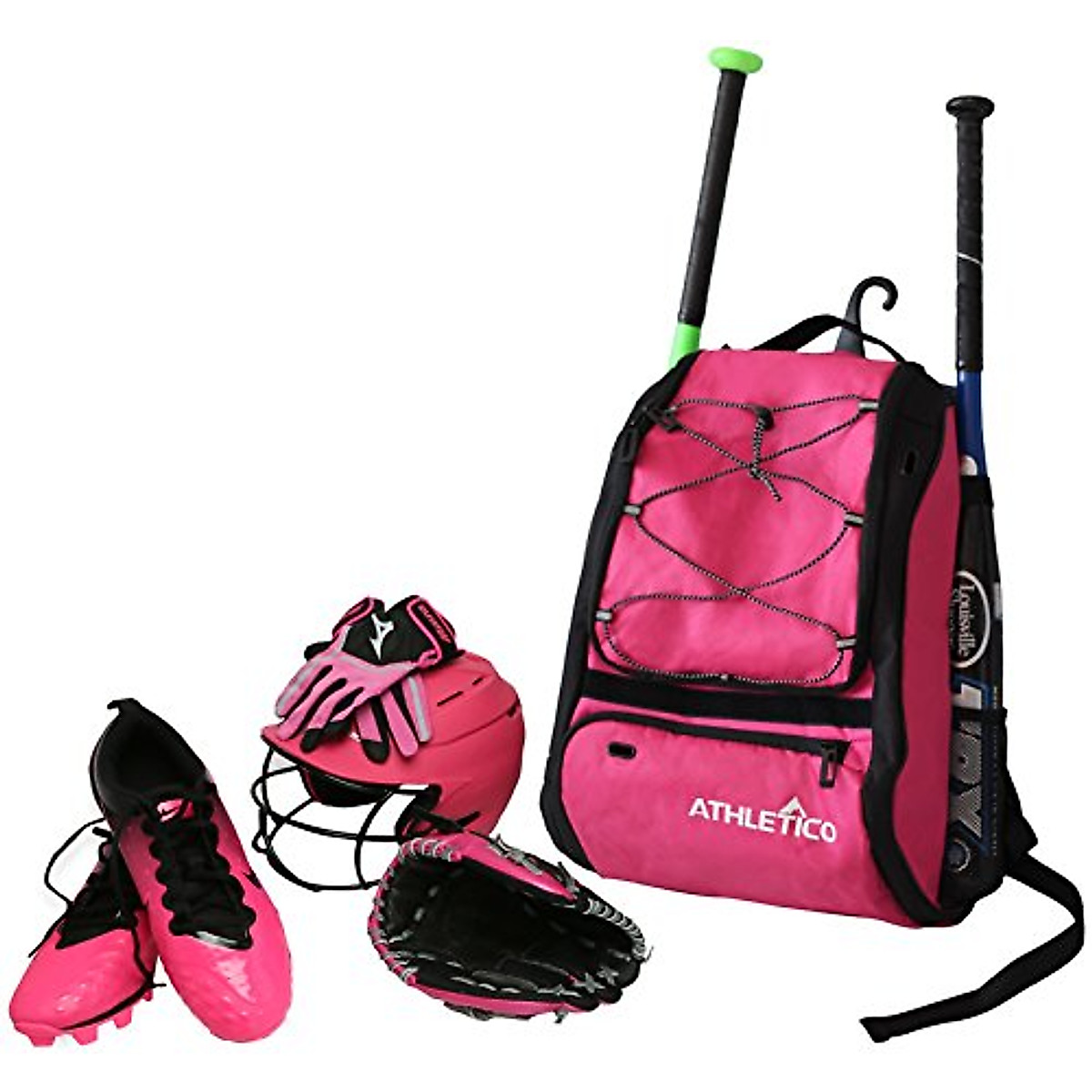 Athletico Baseball Bat Bag - Backpack, T-Ball & Softball Equipment & Gear for Youth and Adults | Holds Helmet, Glove | Shoe Compartment & Fence Hook (Magenta)