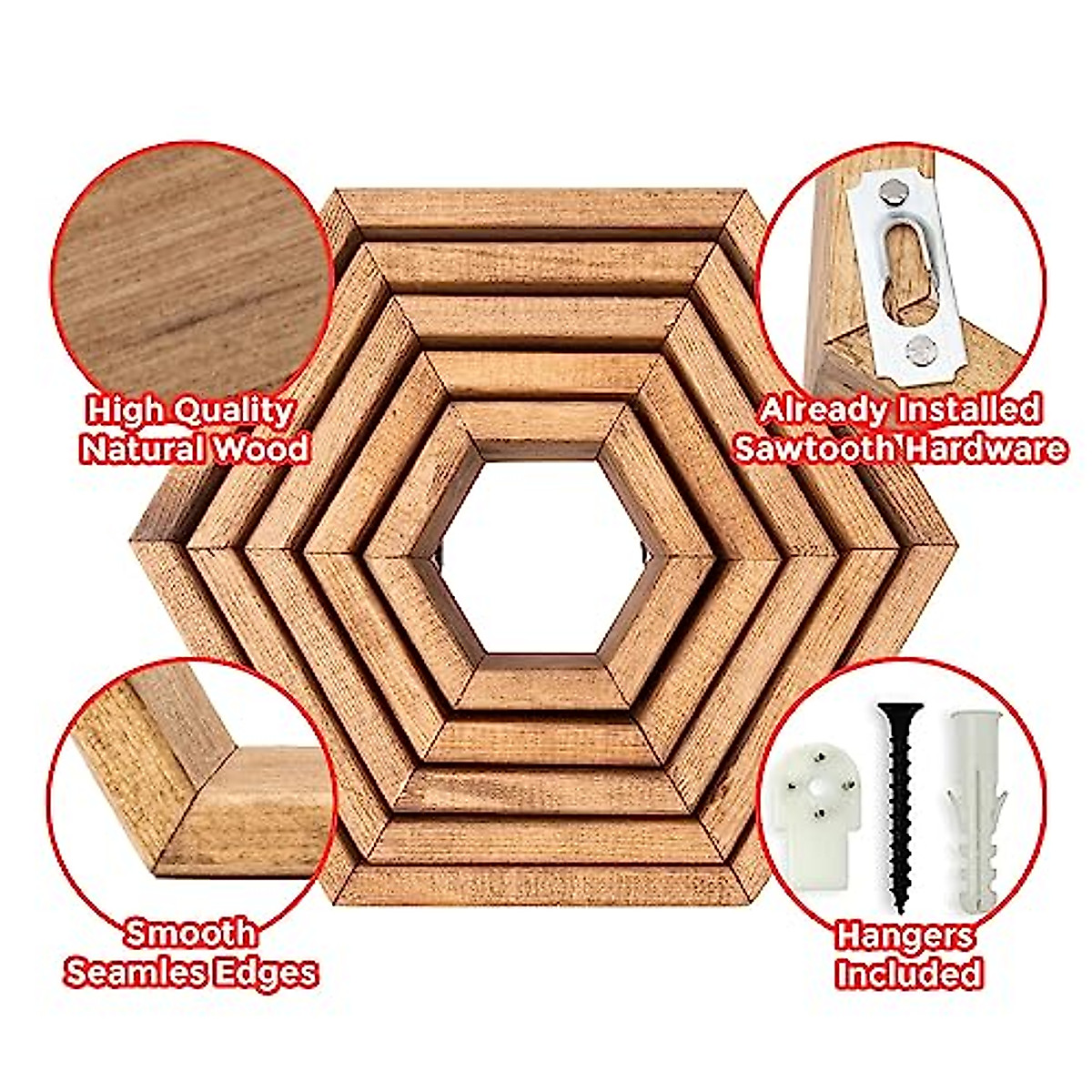 Red River Hexagon Floating Shelves Set of 5,Wall Mounted Wood Farmhouse Storage Honeycomb Wall Shelf,Floating Shelf,Wall Shelf for Bathroom,Kitchen, Bedroom, Living Room, Office (Dark Brown)