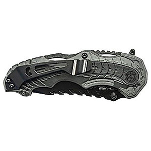 Smith & Wesson SWMP6 7.7in High Carbon S.S. Assisted Folding Knife with 3.4in Clip Point Blade and Aluminum Handle for Outdoor, Tactical, Survival and EDC,Gray