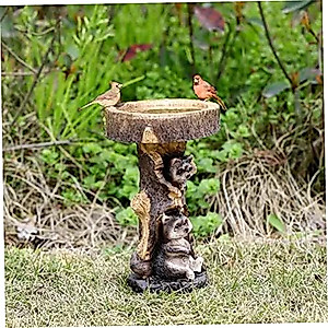 Naisicore Birdbath, 21cm/8.3inch Resin Raccoon Woode Stake Bird Feeder Statues, Standing Animal Bird Bath Tray, Garden Landscape Decorative Ornament for Patio Yard Lawn Decoration