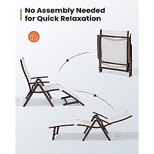 Pellebant Aluminum Patio Chaise Lounge Chair, Adjustable Chair for Outside with 8 Backrest Positions, Brown Frame, Folding Outdoor Recliners All Weather for Beach, Pool and Yard, Light Grey