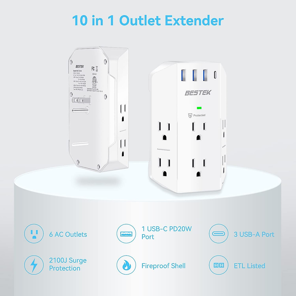 Surge Protector, Outlet Extender with 6 Outlets and 4 USB Ports (1 USB C PD20W), BESTEK 2100 Joules Power Strip 3 Sided Multi Plug Outlet for Wall Mount