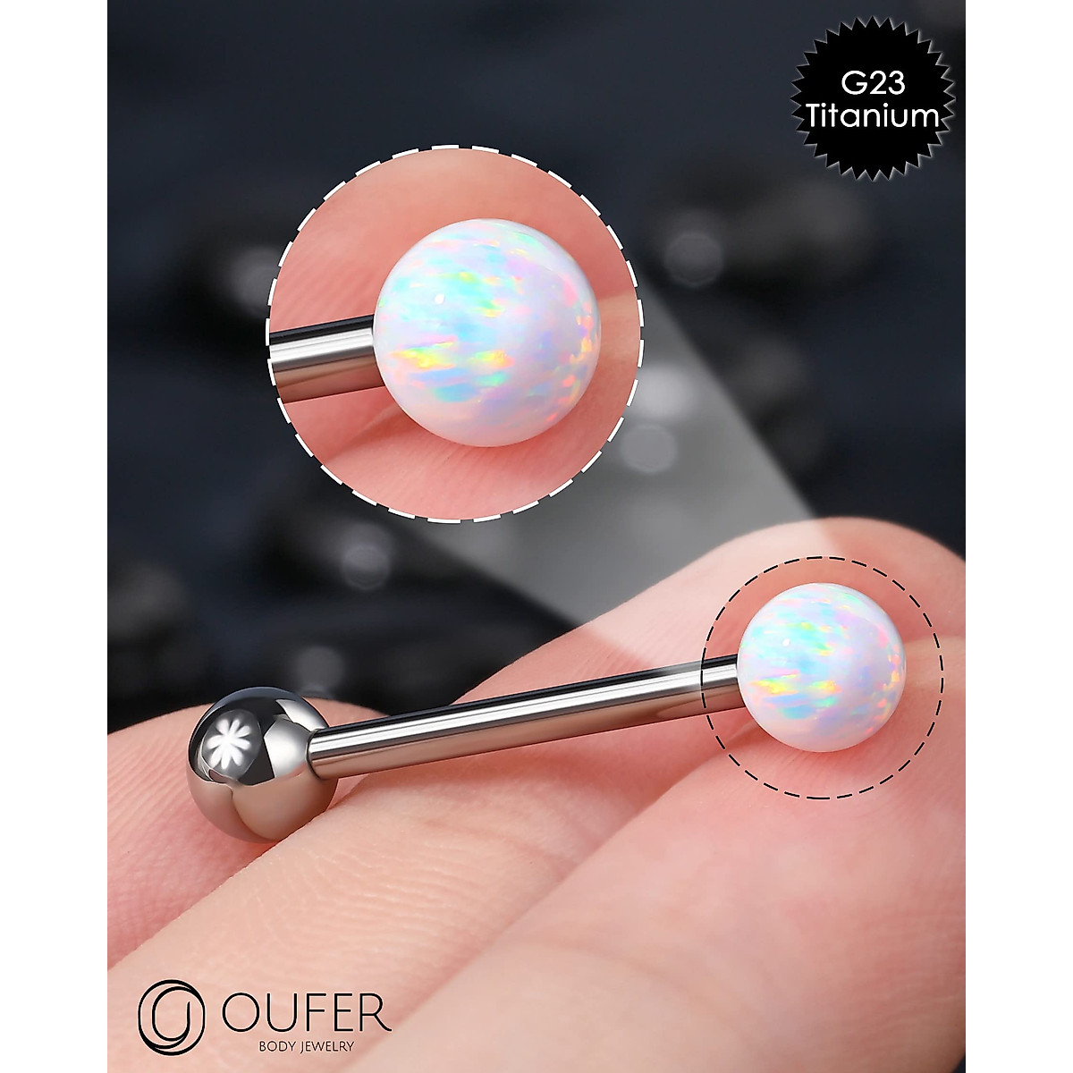 OUFER Titanium Tongue Rings, White Opal Tongue Ring, Internally Threaded Tongue Piercing Jewelry, Straight Tongue Jewelry for Women Men
