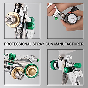 Throohills Professional HVLP Spray Gun, 1.4/1.7/2.0mm Nozzle HVLP High Atomization Flow Adjustable Pneumatic Gravity Spray Gun(Green)