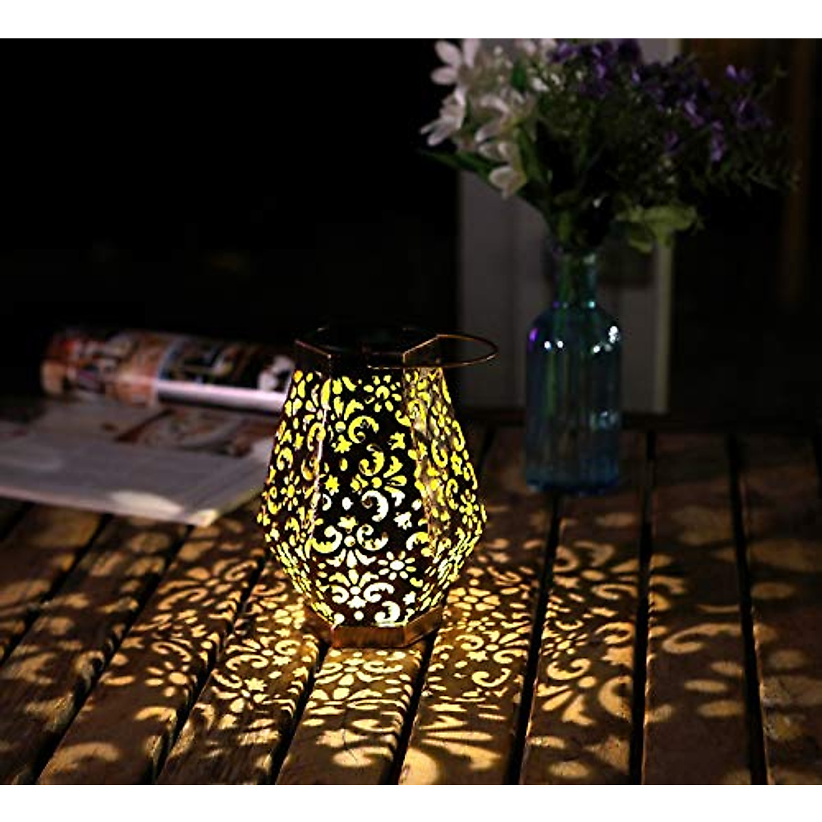 WSgift 2 Pack Hanging Solar Lantern Metal LED Table Lamp Outdoor Solar Hollow-Out Lights with Handle, 6 lumens, 5.5 x 5.5 x 7.5 Inch, Antique Bronze