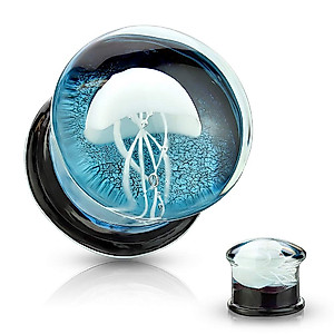 Pierced Owl Glass Floating Jellyfish Blue Double Flared Saddle Plug Gauges, Sold as a Pair (8mm (0GA))