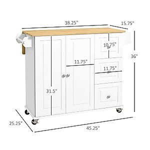 HOMCOM Kitchen Island with Drop Leaf, Rolling Kitchen Cart on Wheels with 3 Drawers, Cabinet, Natural Wood Top, Spice Rack and Towel Rack, White