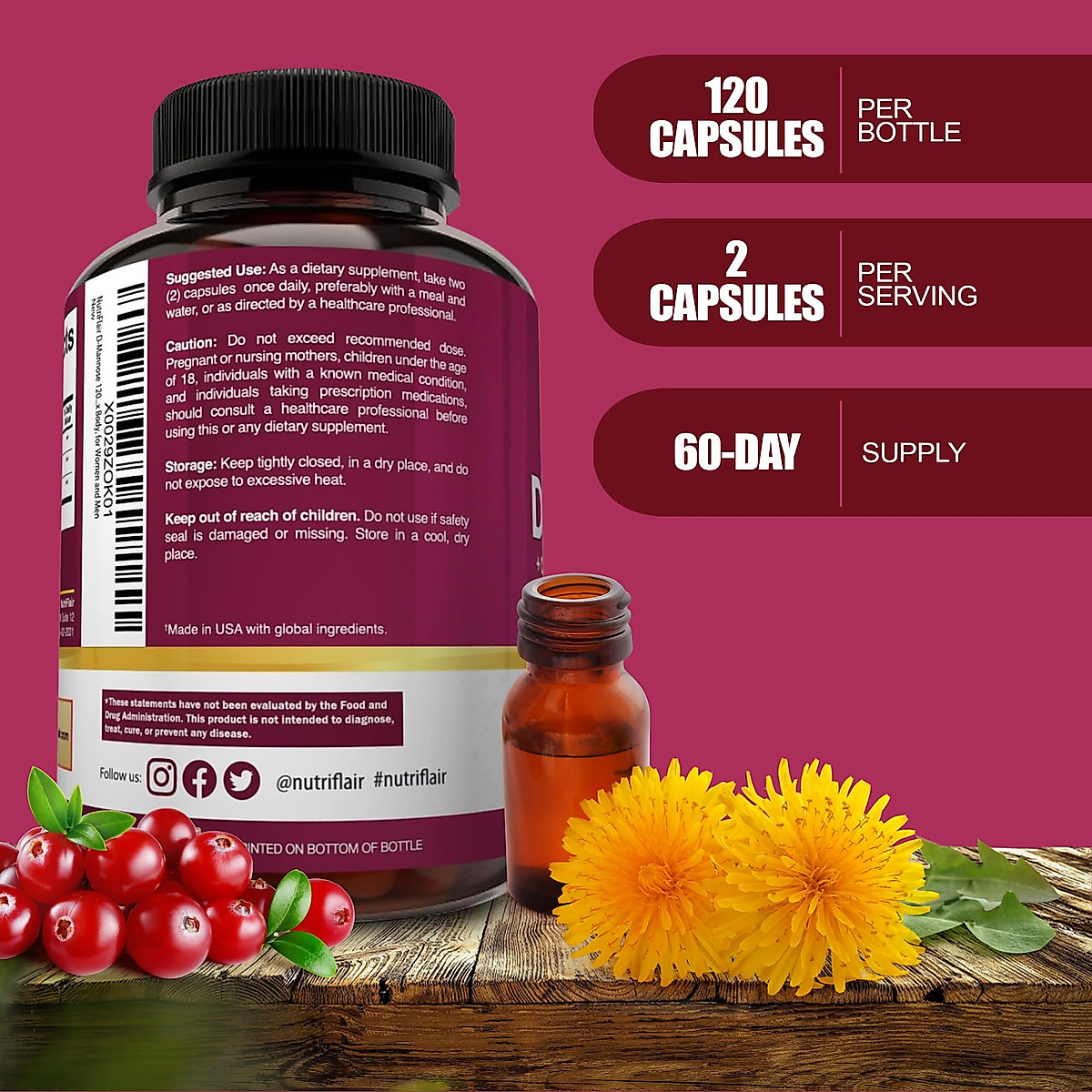 NutriFlair D-Mannose 1200mg, 120 Capsules - with Cranberry and Dandelion Extract - Natural Urinary Tract Health UTI Support - Best D Mannose Powder - Flush Impurities, Detox Body, for Women and Men