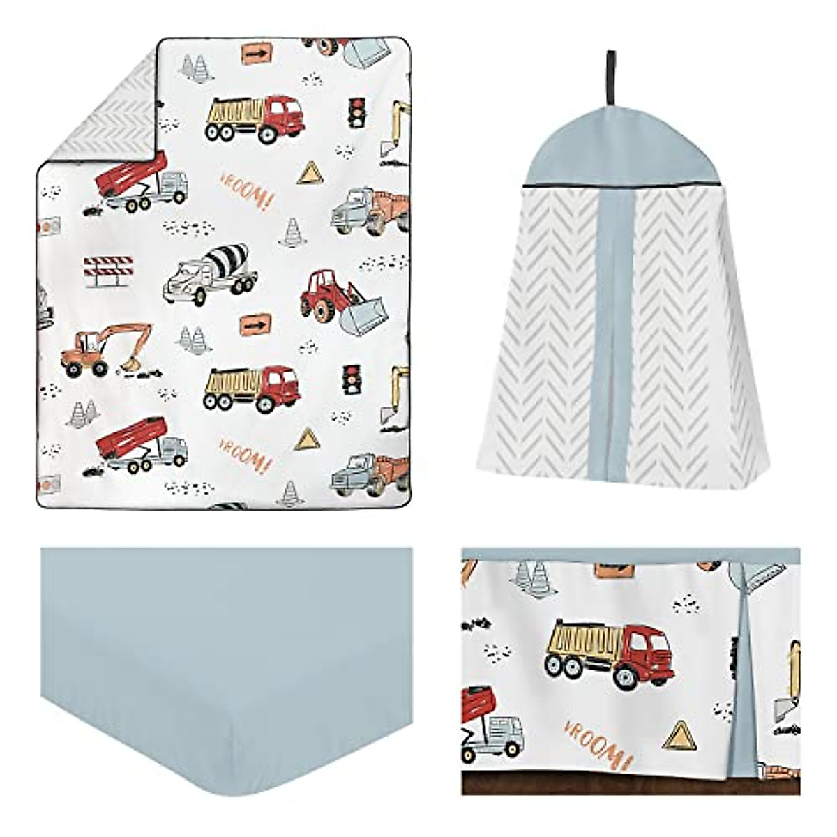 Sweet Jojo Designs Construction Truck Baby Boy Nursery Crib Bedding Set - 4 Pieces - Grey Yellow Orange Red and Blue Transportation Chevron Arrow