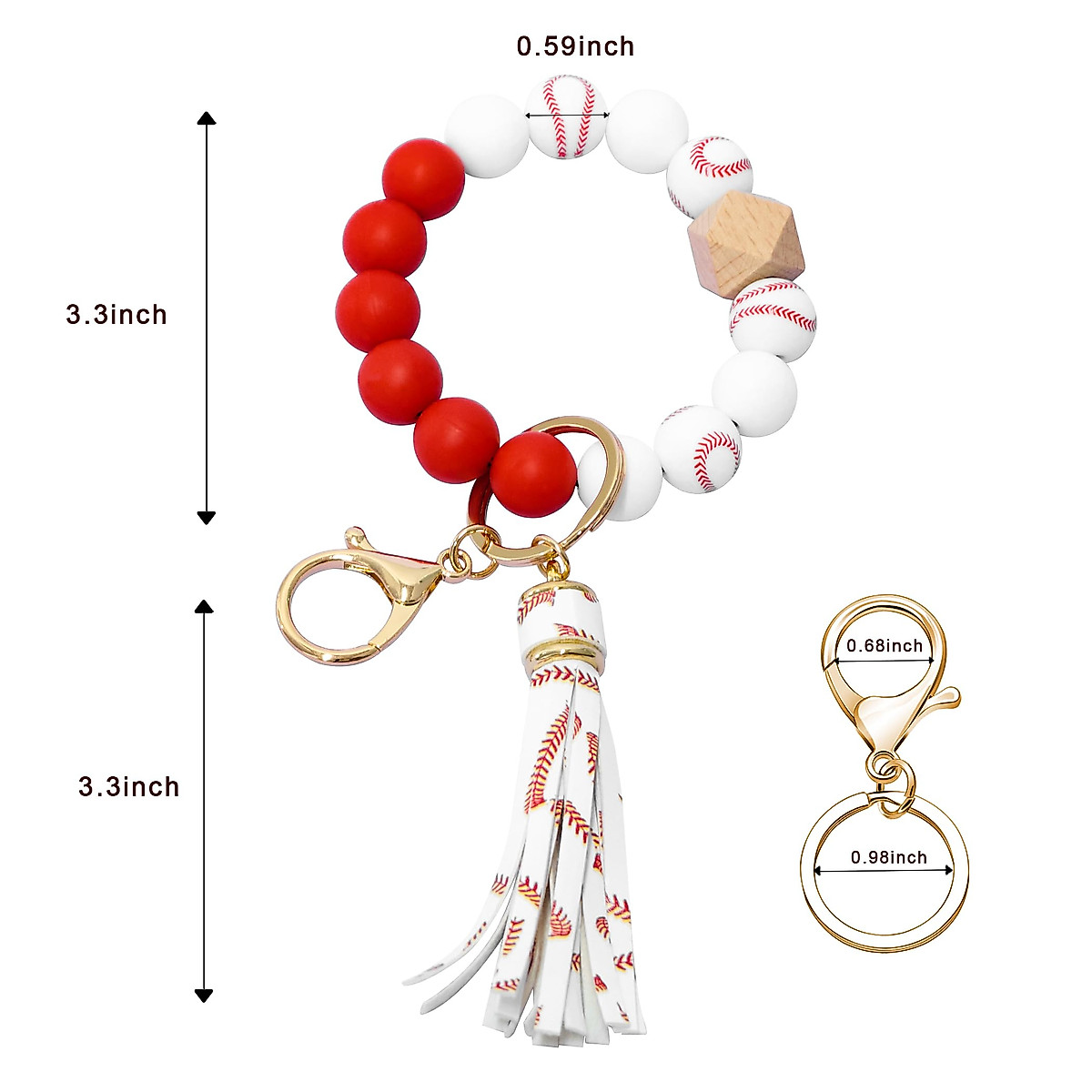 LMWKUN Baseball Keychain Bracelaet Wristlet,White Silicone Beaded Key Ring for Women,Stretchy Car Key Chain Bangle with Tassel