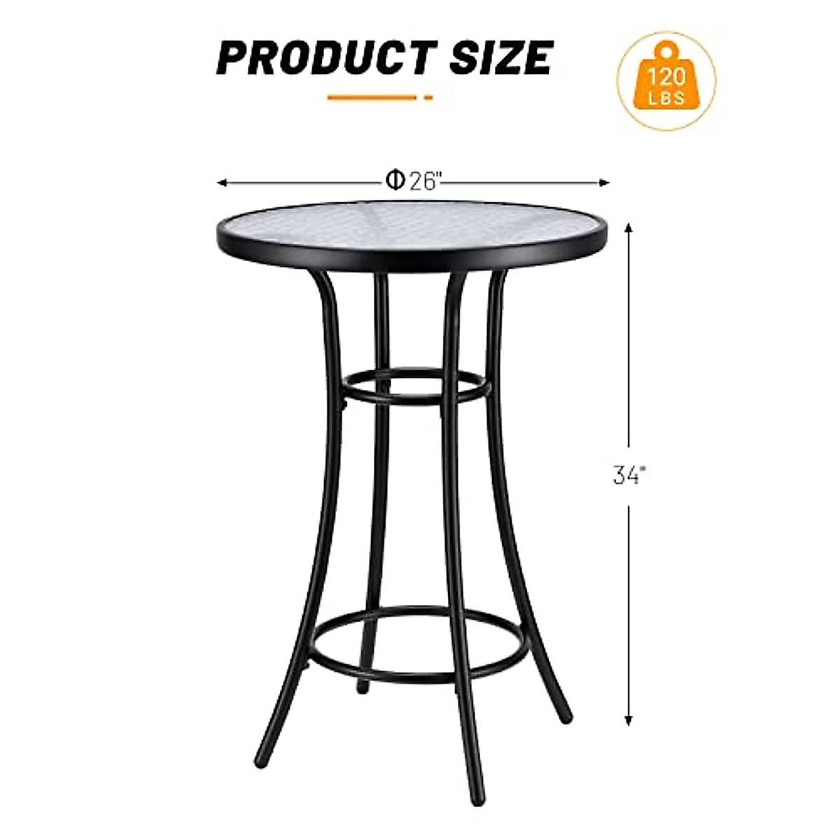 Kingdely Outdoor Bar Height Bistro Table, Round Tempered Glass Patio Table, Steel Frame Patio Furniture for Backyard, Lawn, Balcony, Pool, Black
