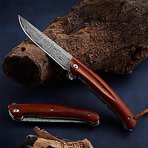 Omesio Damascus Folding Pocket Knife with Leather Sheath, Handcrafted 5-Inch Damascus Steel Hunting Knife with Vg10 Core, Wooden Handle, EDC Japanese Knife with Liner Lock for Outdoor Survival Camping