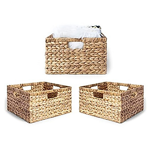 BARIEN 14.5” x 13.5” x 8” (Set of 3) Natural Water Hyacinth Storage Baskets, Rectangular Wicker Basket with Built-in Handles, Large (Natural - Set of 3)