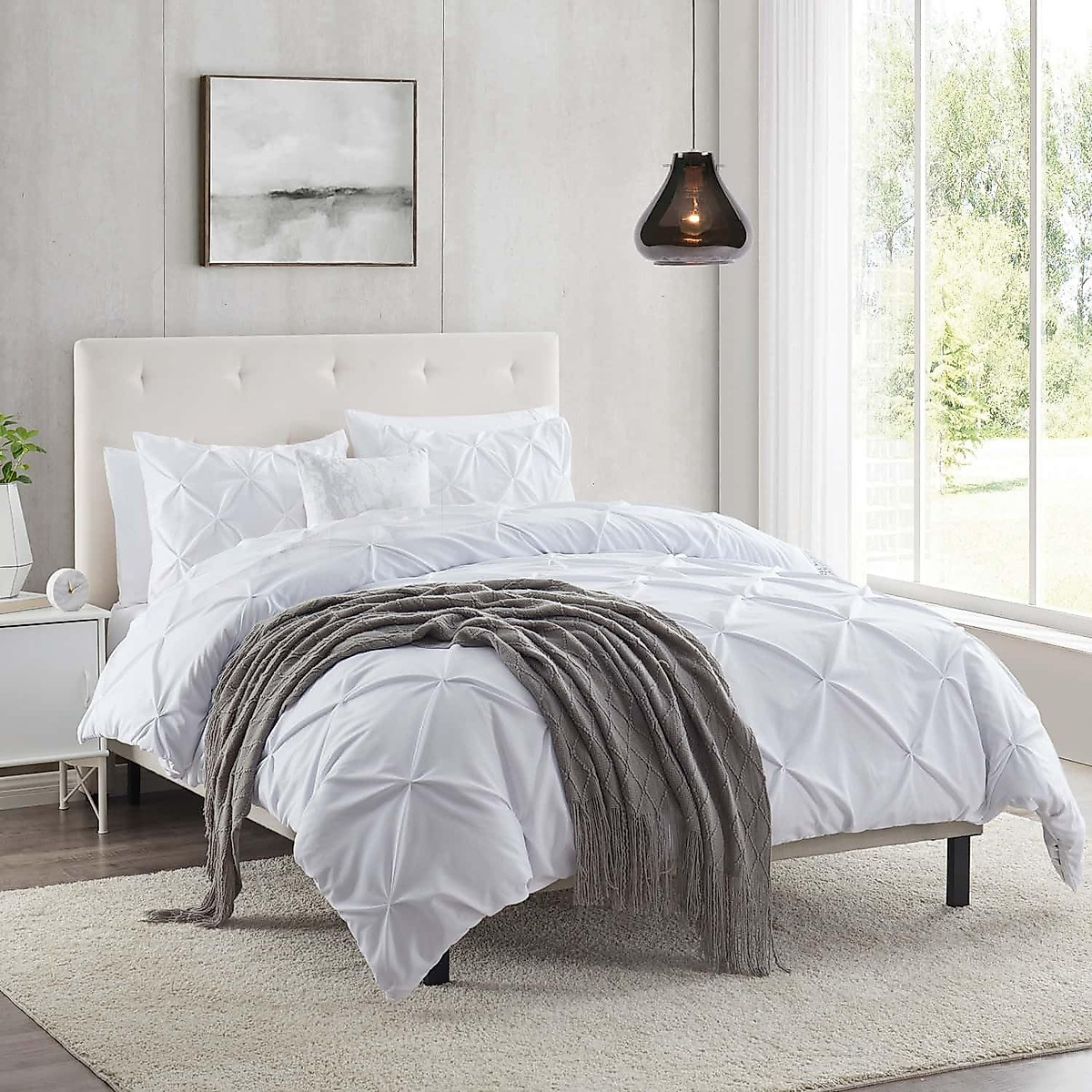 Nestl White Duvet Cover Queen Size - Pintuck Queen Duvet Cover Set, 3 Piece Double Brushed Duvet Covers with Button Closure, 1 Pinch Pleated Duvet Cover 90x90 inches and 2 Pillow Shams