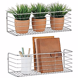 mDesign Wide Metal Wall Mount Decor Storage Organizer Display Shelf - Hang in Bathroom, Kitchen, Entryway, Hallway, Mudroom, Bedroom, Laundry Room - Concerto Collection, 2 Pack - Chrome