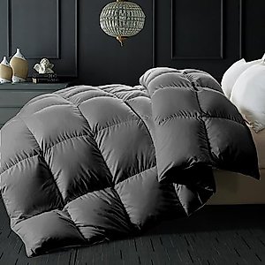 ELNIDO QUEEN Feather Down Comforter Queen Size - Grey Down Duvet Insert - Luxurious Fluffy Hotel Style Bedding Comforter - 100% Cotton Cover All Season Medium Warmth - Queen Size (90x90 Inch)
