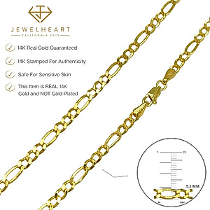 JEWELHEART 14K Real Gold Figaro Chain - 5.1mm Diamond Cut Cuban Link Figaro Necklace For Men - Dainty Yellow Gold Pendant Necklace For Women with Lobster Clasp 18"