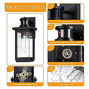 PTRWOROA Dusk to Dawn Motion Sensor Outdoor Wall Lights, Black Exterior Wall Sconce Lantern Lighting with Seed Glass, Wall Mounted Light Fixture for Garage Porch Patio