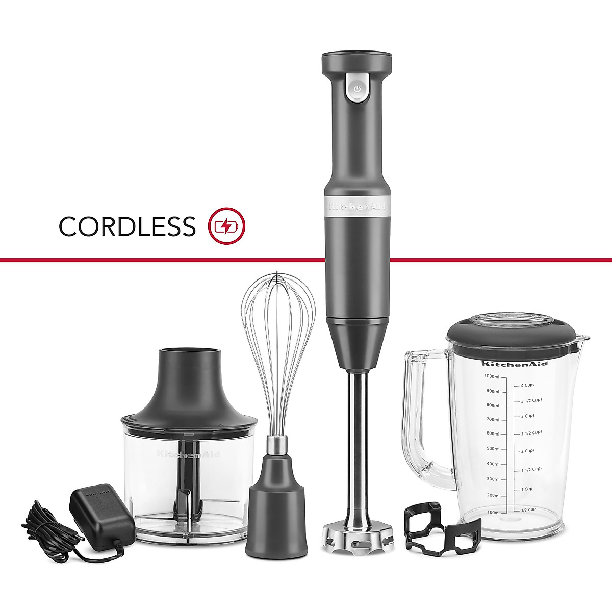 KitchenAid Cordless Variable Speed Hand Blender with Chopper and Whisk Attachment - KHBBV83, Matte Charcoal Grey