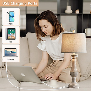 PoKat 27.75" Farmhouse 3 Way Dimmable Touch Table Lamp Sets of 2 Rustic Classic Bedside Nightstand Wood Lamps for Living Room Bedroom with 2 USB Ports Washed White (2 Bulbs Included)