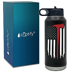 Firefighter Gift for Men 32 oz Water ﻿Bottle Distressed Thin Red Line Flag Axe for Fireman Stainless Steel Fire Department Sport Bottle