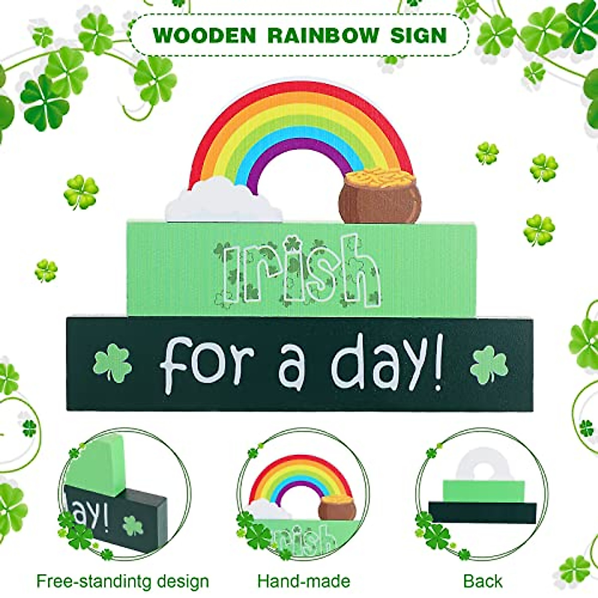 3 Pieces St Patricks Day Table Wood Signs, Rainbow Shamrock Table Top Decor Irish Lucky Wood Block St Patricks Day Wooden Sign Centerpiece for Home Fireplace Office Shelf