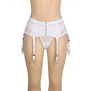 Love Salve Sexy Women Lingerie Garter Belt Set – 2 Piece Lace Stretch Adjustable Waist Suspender and Thong Underwear (White, 3X-Large-4X-Large)