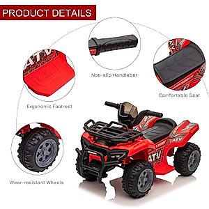 Aosom Kids ATV Four Wheeler Ride on Car, Motorized Quad, 6V Battery Powered Electric Quad with Songs for 18-36 Months, Red