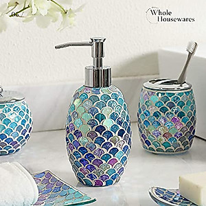 Bathroom Accessory Set | 5-Piece Decorative Glass Bathroom Soap Dispenser Set | Soap Dispenser, Tray, Jar, Toothbrush Holder | Elegant Blue Mosaic Glass Mermaid Bathroom