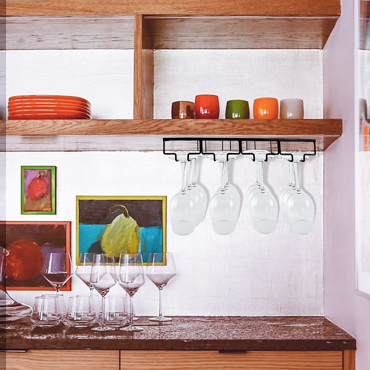 Wine Glass Rack, Under Cabinet Stemware Rack Wine Glass Holder, 3 Rows Black Metal Wine Glass Storage Hanger Under Shelf for Cabinet Kitchen Bar