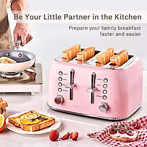 Toaster 4 Slice, Roter Mond Retro Stainless Steel Toaster with Extra Wide Slots Bagel, Defrost, Reheat Function, Dual Independent Control Panel, Removable Crumb Tray, 6 Browning Levels, Pink