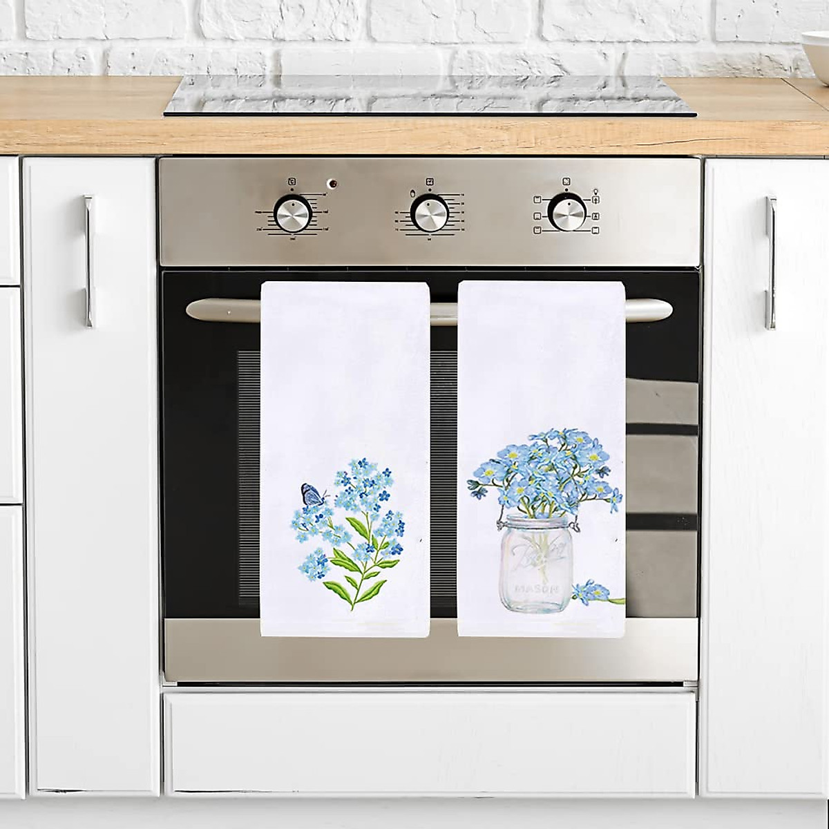 Watercolor Forget Me Not Kitchen Dish Towel 18 x 28 Inch Set of 2, Spring Summer Floral Tea Towels Dish Cloth for Cooking Baking