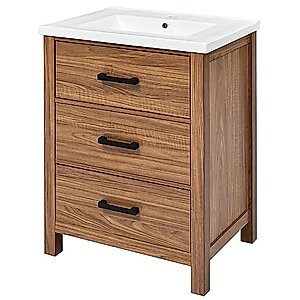 Poeyleja 24'' Bathroom Vanity with Ceramic Basin Sink, Modern Bathroom Storage Cabinet with 3 Drawers, Freestanding Bathroom Vanity Cabinet with Single Sink Natural Wood 24.4 * 18.3 * 33.8