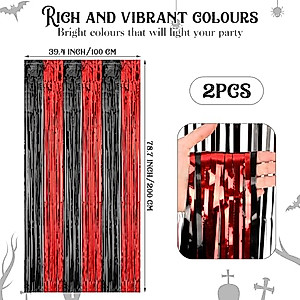 Dimeho Red and Black Fringe Curtain, 2Pcs Foil Fringe Backdrop Curtains 3.3 x 6.6 Feet Red and Black Tinsel Streamers for Graduation Black and Red Birthday Halloween Party Backdrop Decorations