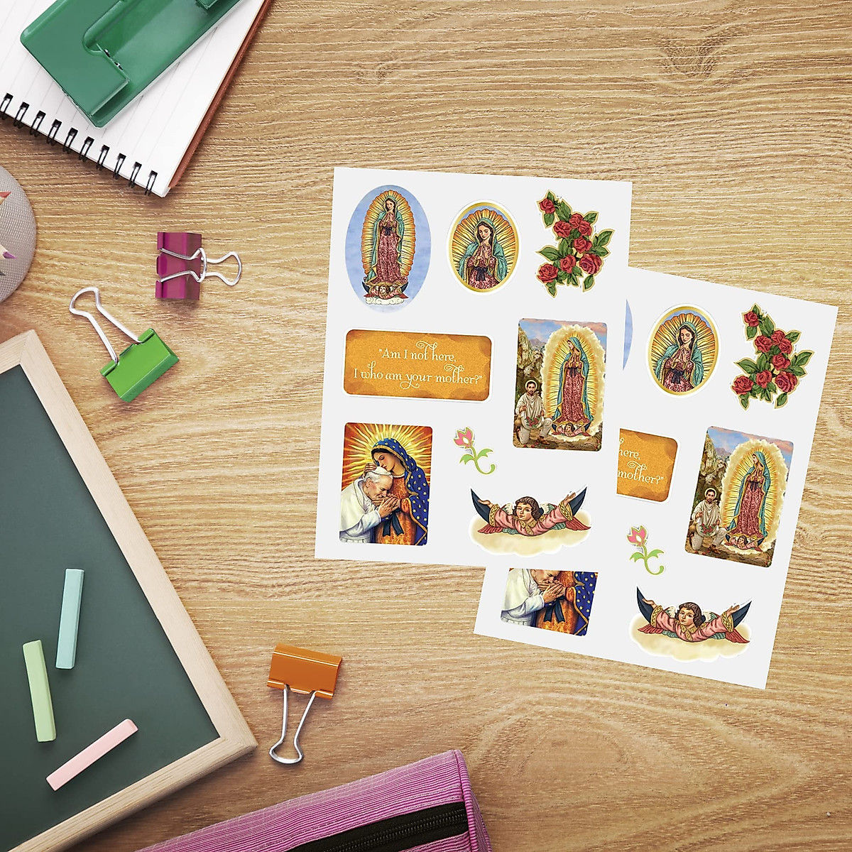 Assorted Catholic Decal Sticker Sheet Pack, Our Lady of Guadalupe, Novelty Religious Stickers Sunday Schools, Scrapbooking, Journaling, Church Giveaways, and More, 3 Sheets Included, Multi