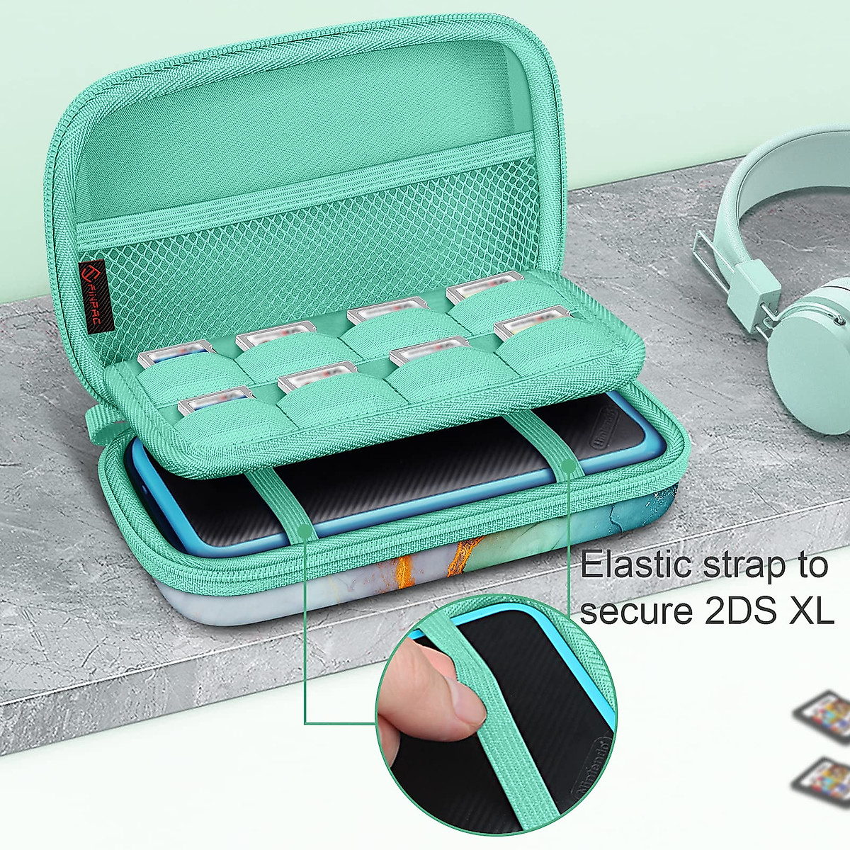 FINTIE Hard Shell Protective Case for Nintendo 2DS XL/New 3DS XL LL, Emerald Marble with Zipper Pocket and Top Handle