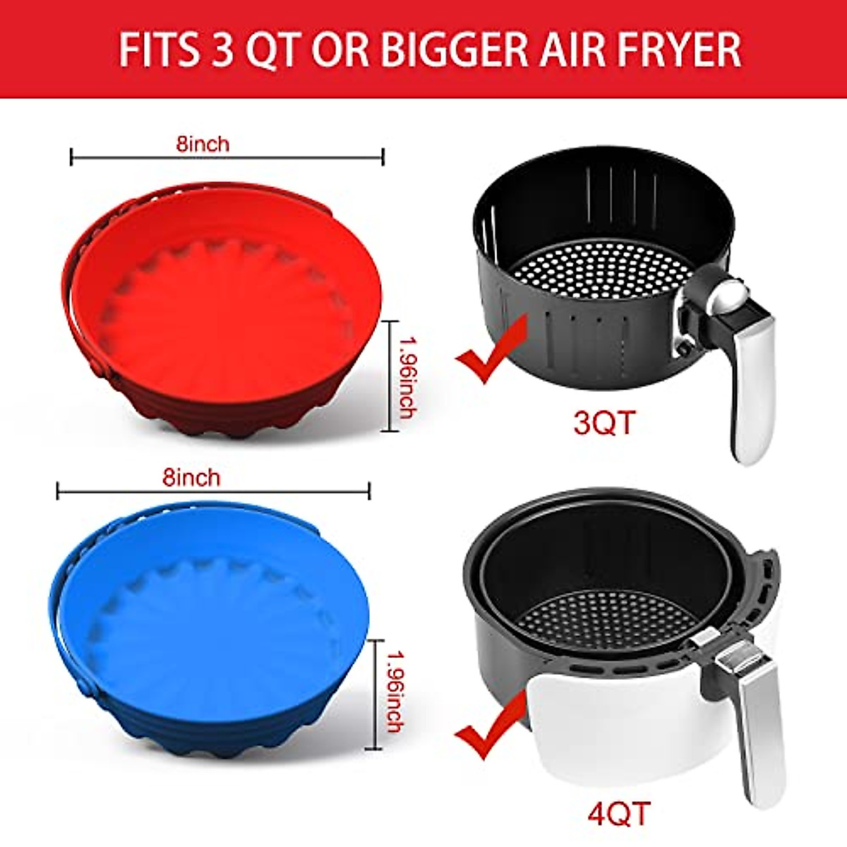 2 Pack Air Fryer Silicone Liners Pot, Reusable Replacement of Flammable Parchment Paper, 8 Inch Non Stick Silicone Bowl for 3 to 5 QT, Foldable Baking Basket for Cooker Accessories,(Round, Blue & Red)