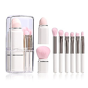 JPNK Portable Makeup Brushes For Travel Makeup - 8 in 1 Travel Loose Powder Brush, Angled Brush,Foundation Blending Lip Brush Retractable Makeup Brushes Sets (White)