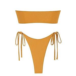 ZAFUL Bandeau Cut Out Swimsuits for Women Sexy Strapless Swimwear Cute Glitter Metallic Bikinis Gold Yellow XS