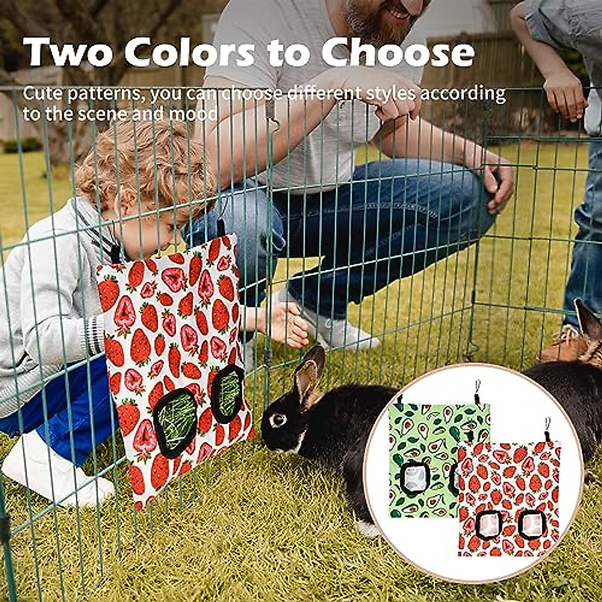 Rabbit Hay Feeder Bag, 2 Pack 2 Holes Guinea Pig Hanging Hay Holder Feeder Storage Dispenser for Cage, Washable for Bunnies Hamsters Chinchilla and Other Small Pets, Ullnosoo Strawberry and Avocado