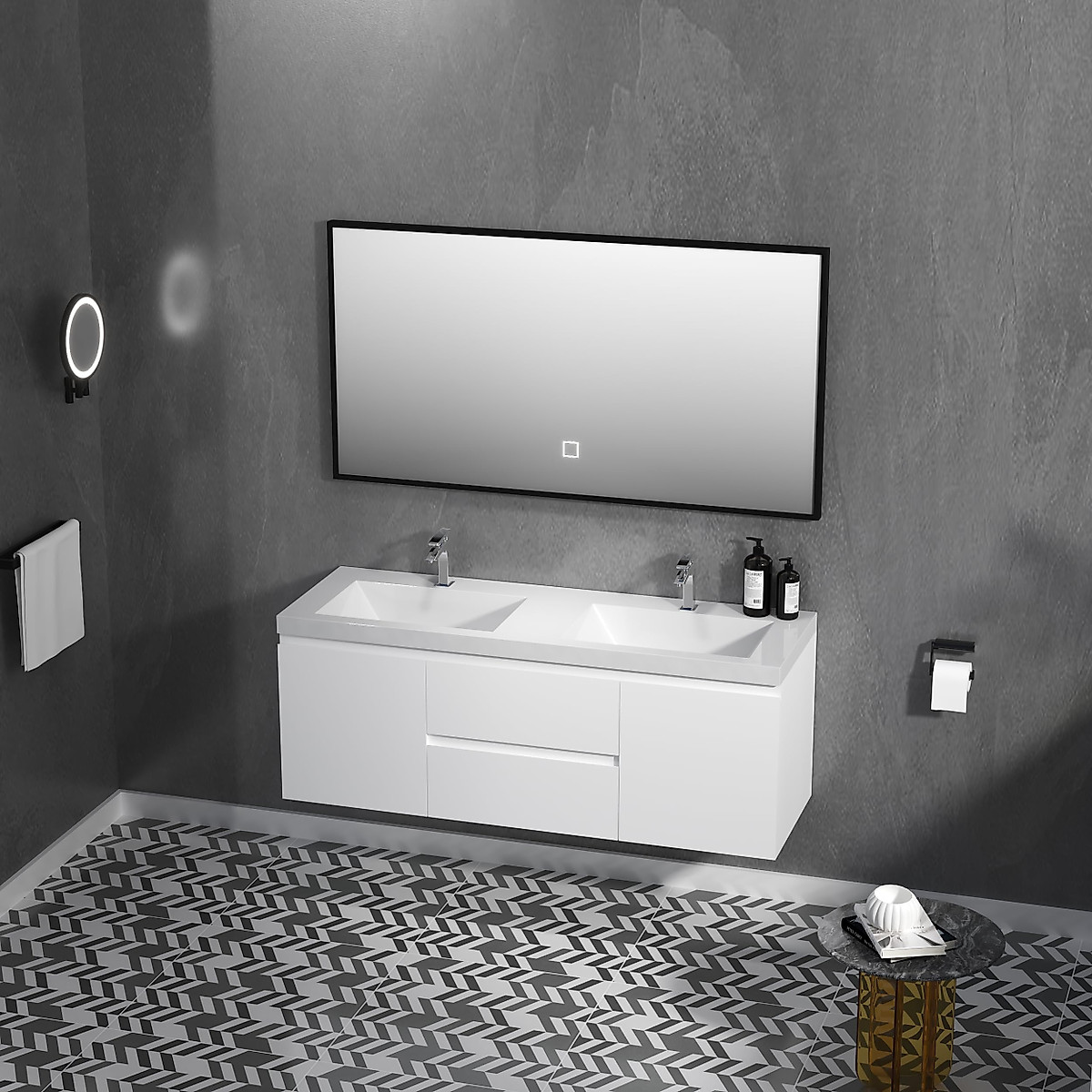 OMGO 60'' Wall Mounted Double Bathroom Vanity with White Solid Surface Sink, Modern Wood Cabinet Basin Vessel Set w/Two Drawers and 2 Storage, H90 Hanging System, Easy Installation