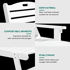 YITAHOME Outdoor Chaise Lounge Chair with Adjustable Backrest, Heavy Duty Resin Patio Lounger with Wide Armrest and 350lbs Capacity for Outside Poolside Beach Backyard, Waterproof, White