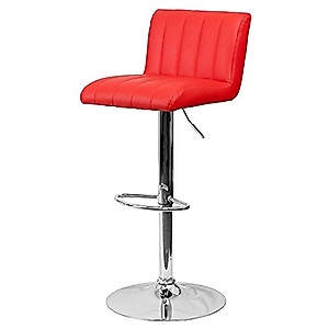 Contemporary Bar Stool Vertical Line Design Hydraulic Adjustable Height 360-Degree Swivel Seat Sturdy Steel Frame Chrome Base Dining Chair Bar Pub Stool Home Office Furniture - Set of 2 Red #1983