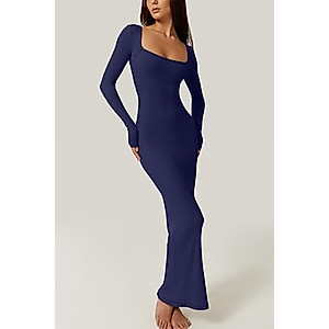 QINSEN Women's Long Sleeve Slip Maxi Dress Sexy Square Neck Ribbed Bodycon Long Dresses Navy Blue S