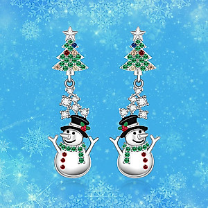 Christmas Tree Snowman Earrings for Women Sterling Silver Tree with Star Holiday Dangle Drop Earrings Winter Colorful CZ Xmas Gift