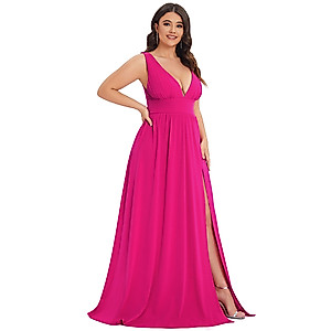Ever-Pretty Summer Maxi High Slit Pleated Sleeveless Plus Size Formal Dresses for Curvy Women Hot Pink US16