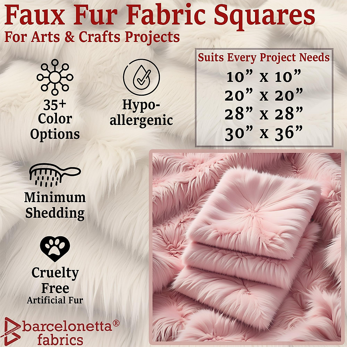 Barcelonetta | Faux Fur Fabric | by The Piece | Pre-Cut | Faux Fur Squares | Fur Fabric for Arts & Crafts, Costume, Decoration, Upholstery, Cushion (White, 10" X 10")