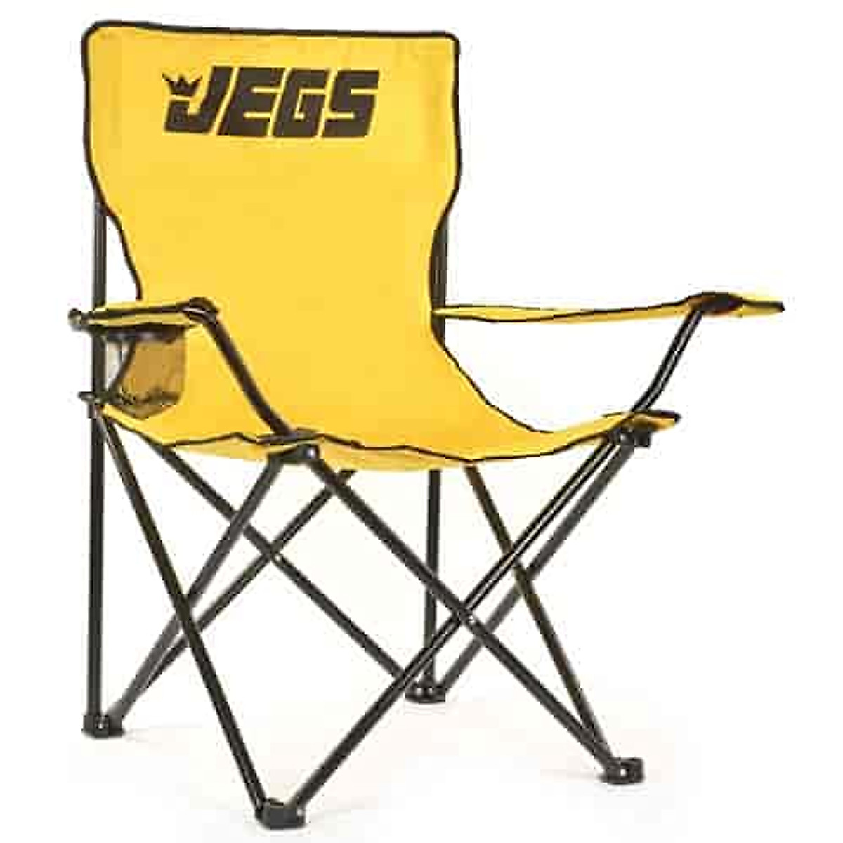 JEGS Folding Chair | Yellow Canvas with Black Logo | Black Powder Coated Frame | Capacity 250 LBS | Total Height 36” | Includes Mesh Cup Holder and Storage Bag with Strap