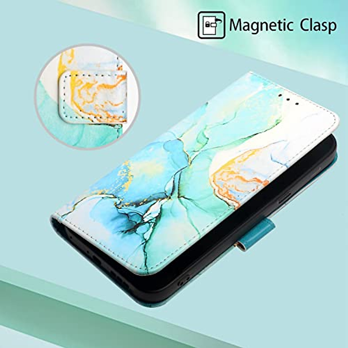 Phone Case Oppo A17 Green Marble Leather Wallet Flip Cases Cover with Credit Card Holder for Women with Long Crossbody Lanyard and Hand Strap